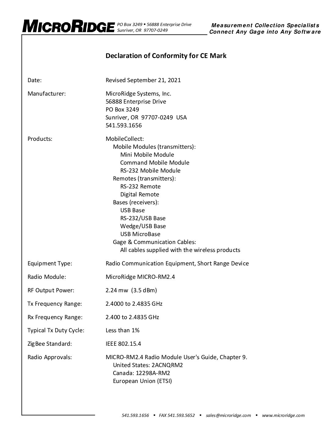 MobileCollect Declaration of Conformity - MicroRidge